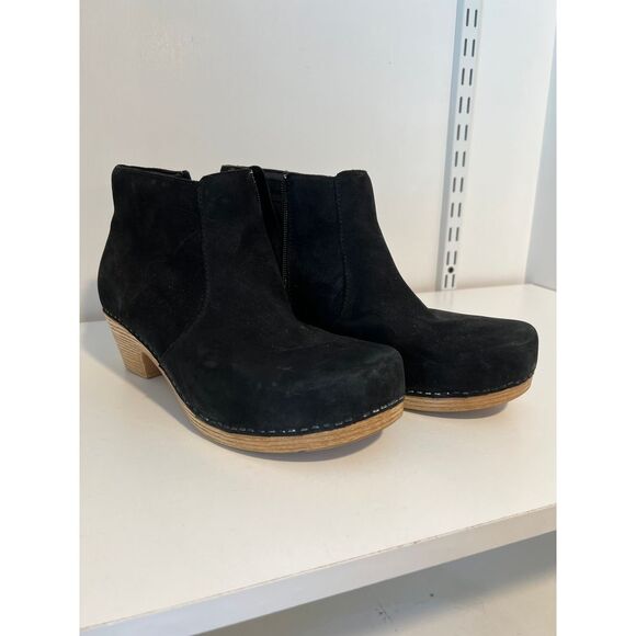 Dansko | Shoes | Dansko Black Suede Ankle Boots With Stacked Heel ...